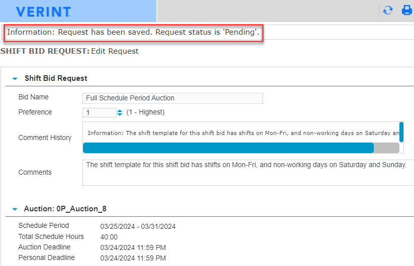 Submit a single shift bid request for a Full Schedule Period auction
