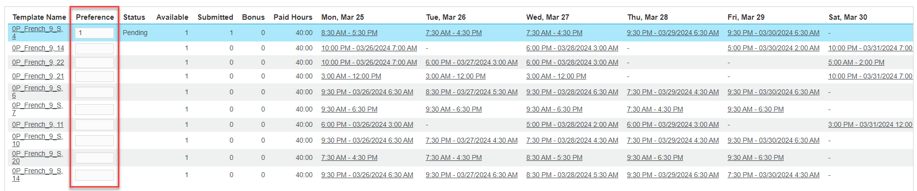 Submit a single shift bid request for a Full Schedule Period auction